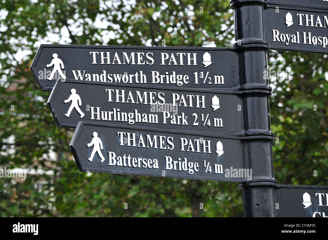 London, England, UK. Thames Path signposts on the Chelsea Embankment ...