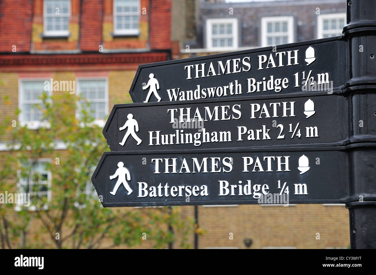 London, England, UK. Thames Path signposts on the Chelsea Embankment ...