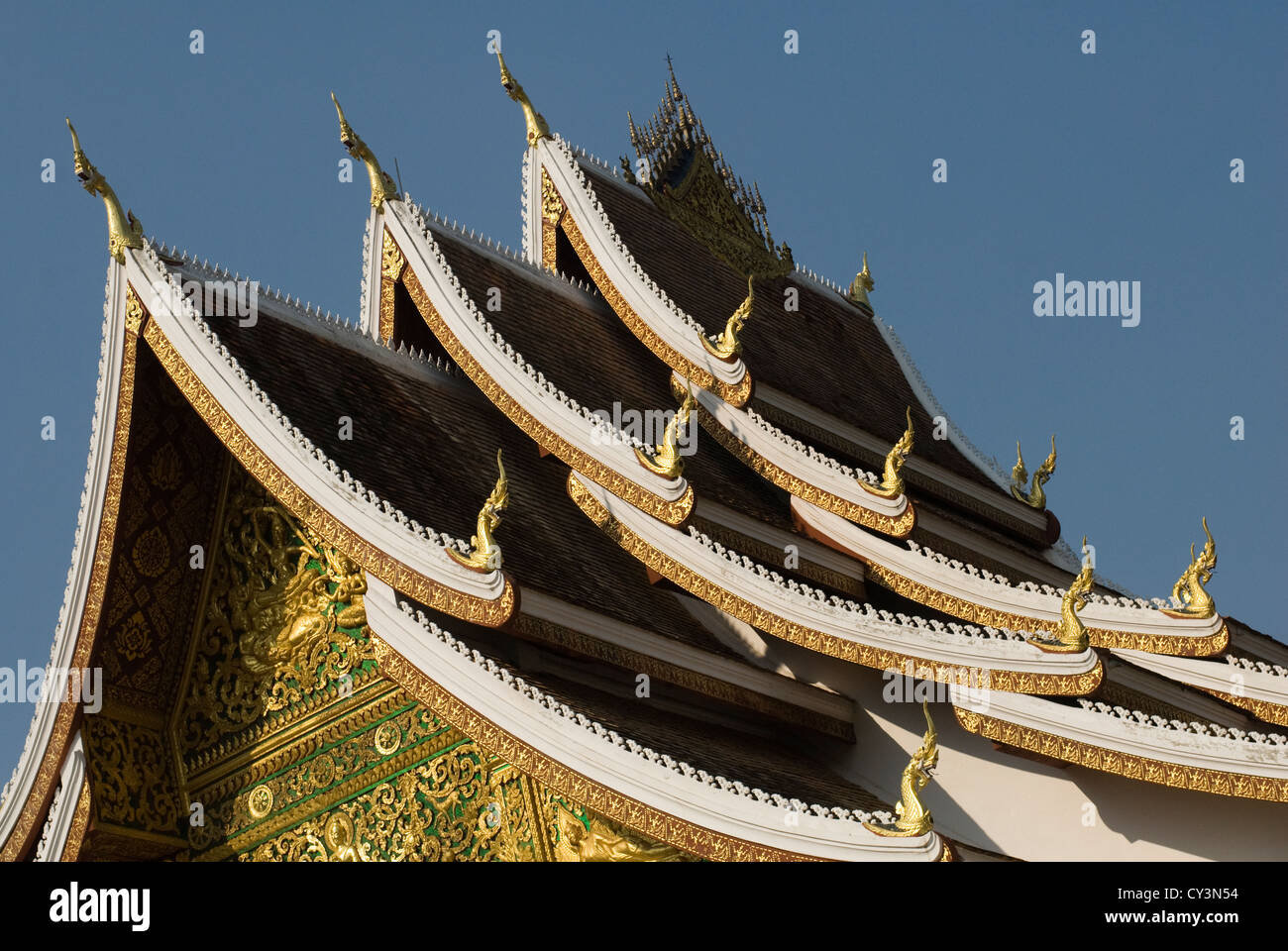 A detail of the roof of Haw Pha Bang temple in the grounds of the Royal ...