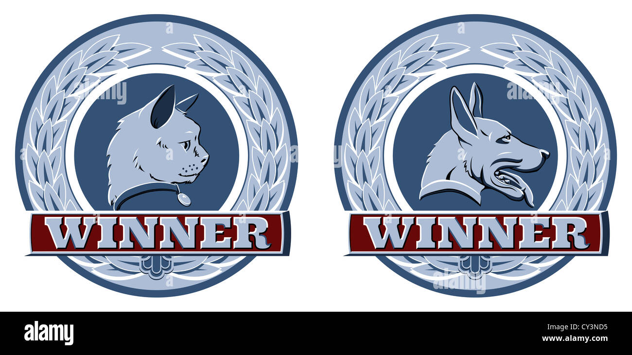 Illustration of cat and dog winners badges or shields in blue and red ...