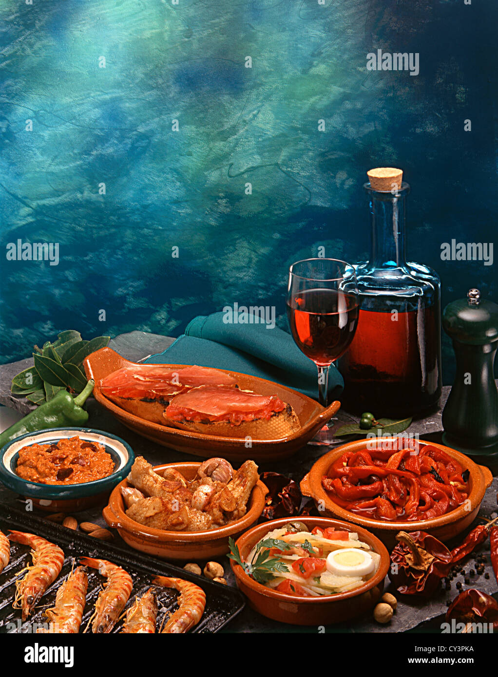 variety of Spanish tapas- studio still life. copy space Stock Photo - Alamy