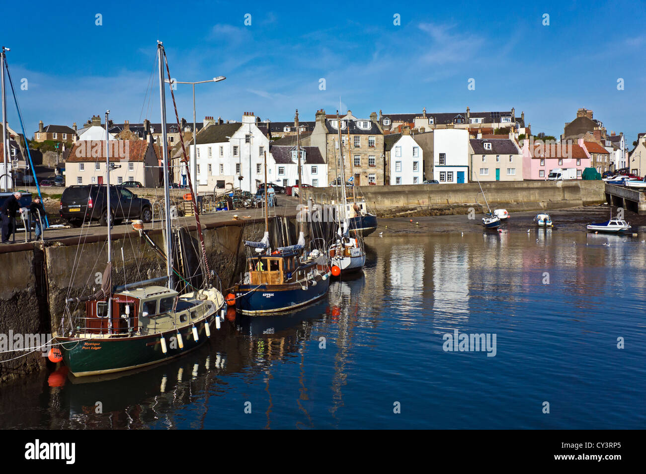 Boats moored in St Monans harbour in the Neuk of Fife Scotland Stock ...