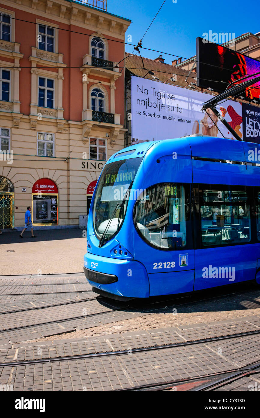 Blue trams in the city center of Zagreb in Croatia Stock Photo - Alamy