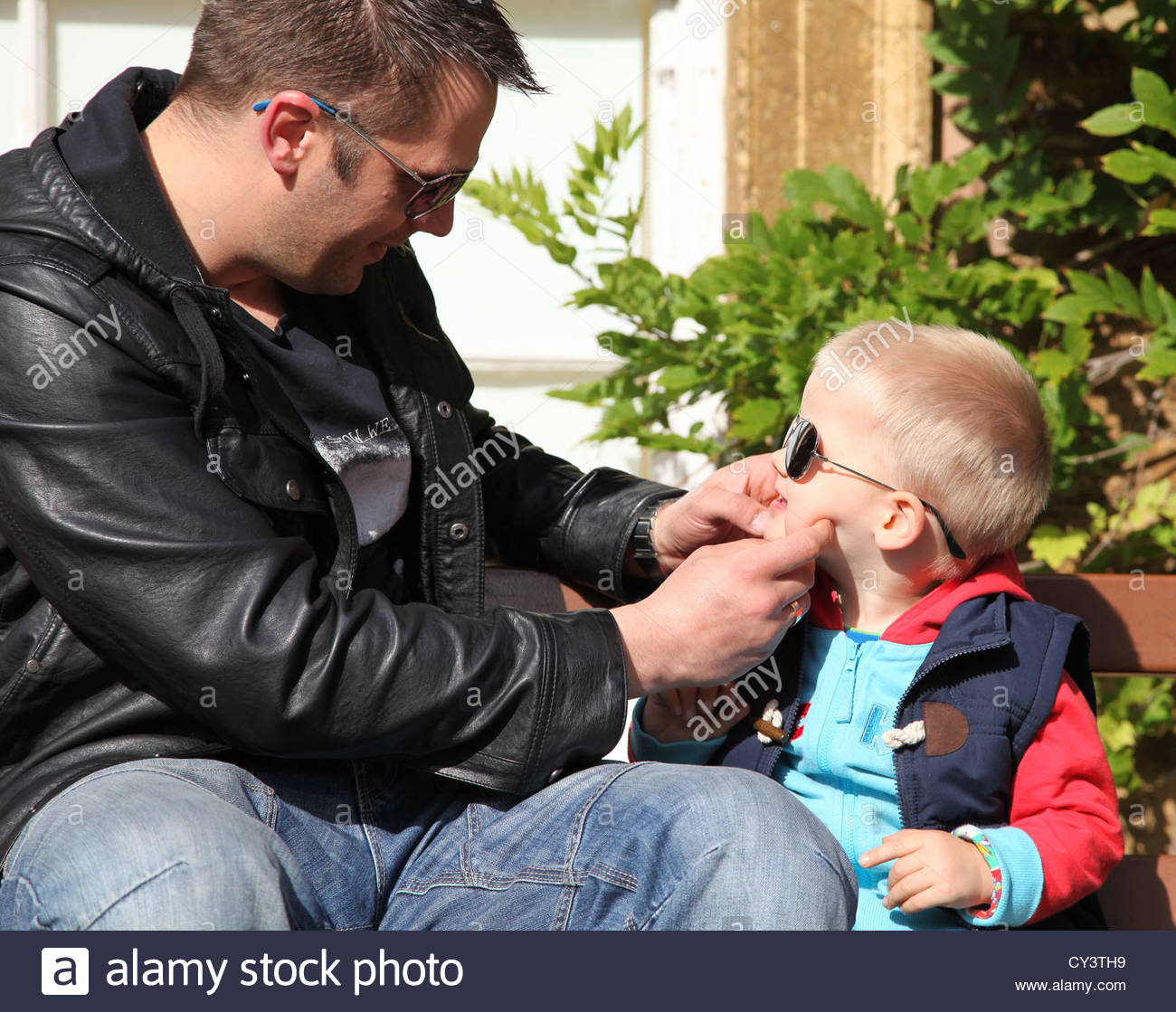 father, son, with, sunglasses, cute, cool, black, leather jacket Stock ...