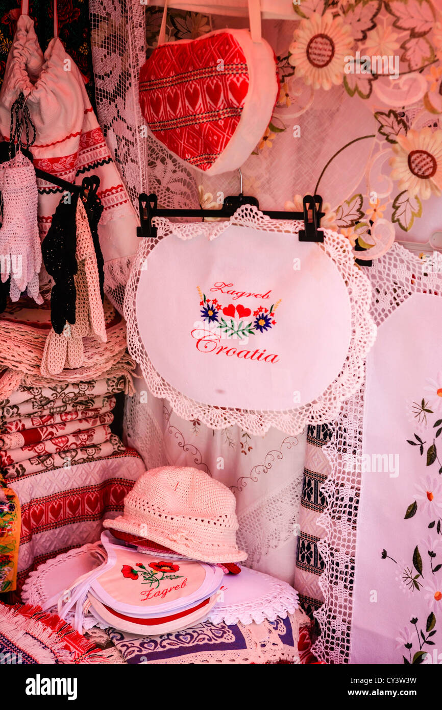 Trational Croatian needlework and apparel on a market stall in Zagreb ...