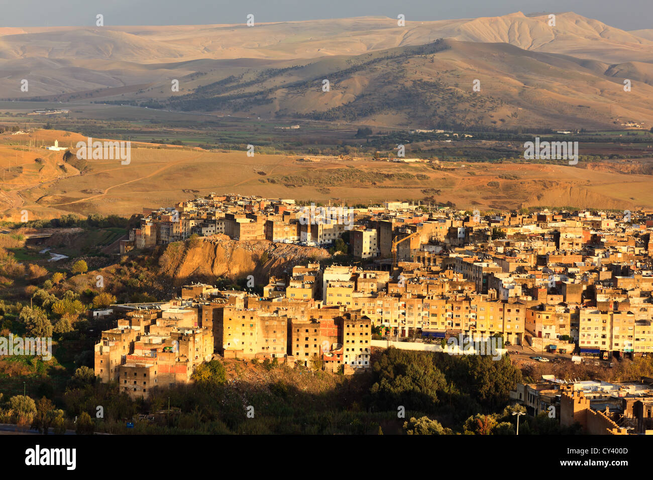 Panoramic aerial view of the city of Fez with the desert valley and ...