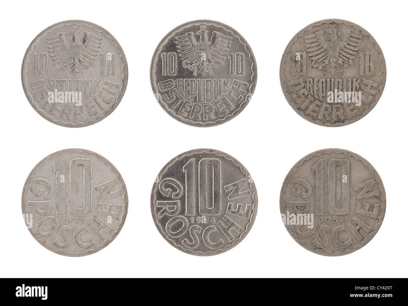 Old Austrian ten groschen coins isolated on white Stock Photo - Alamy