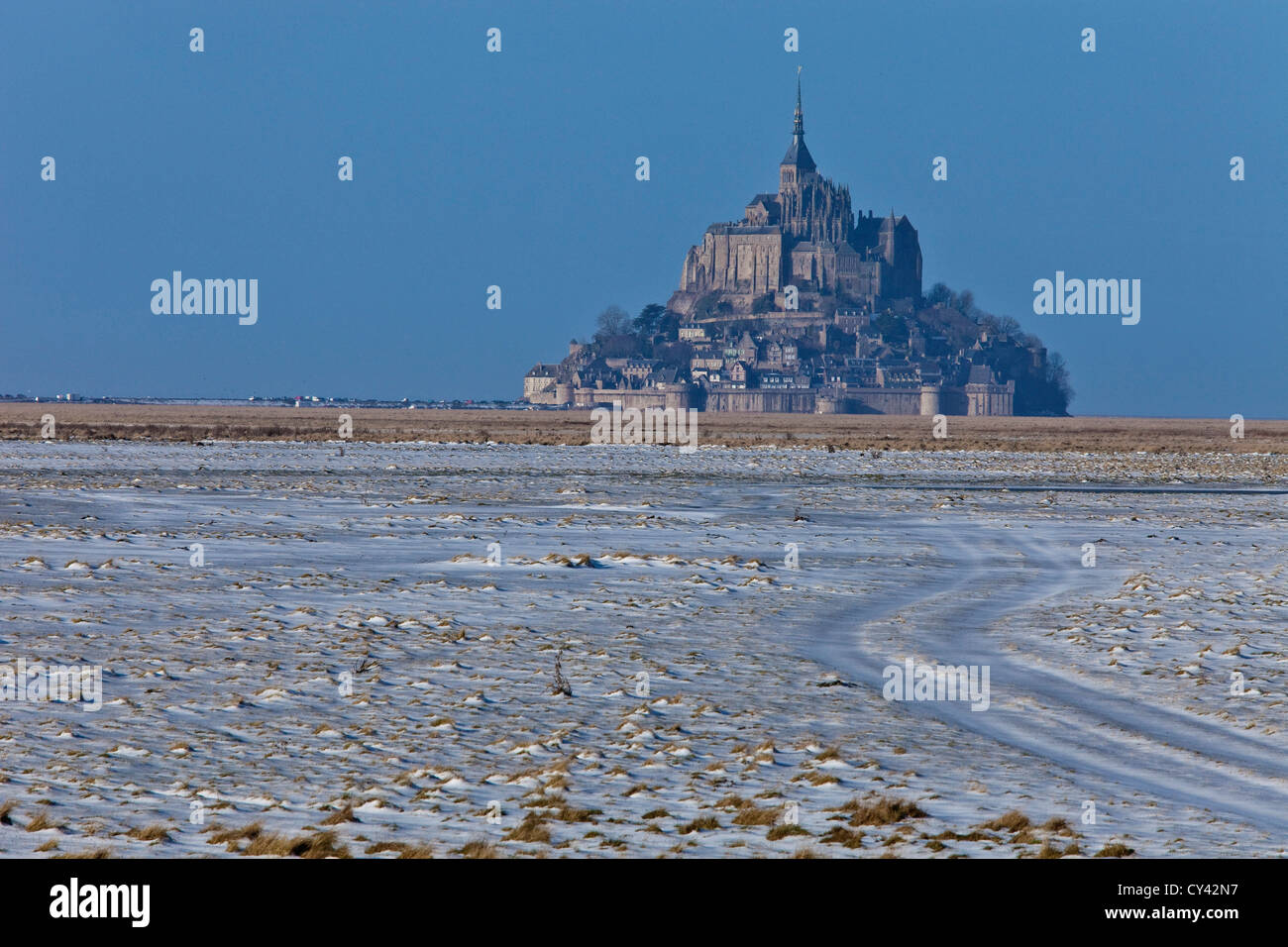 Europe, France, Normandy, Manche (50), Mont St Michel Bay with snow ...