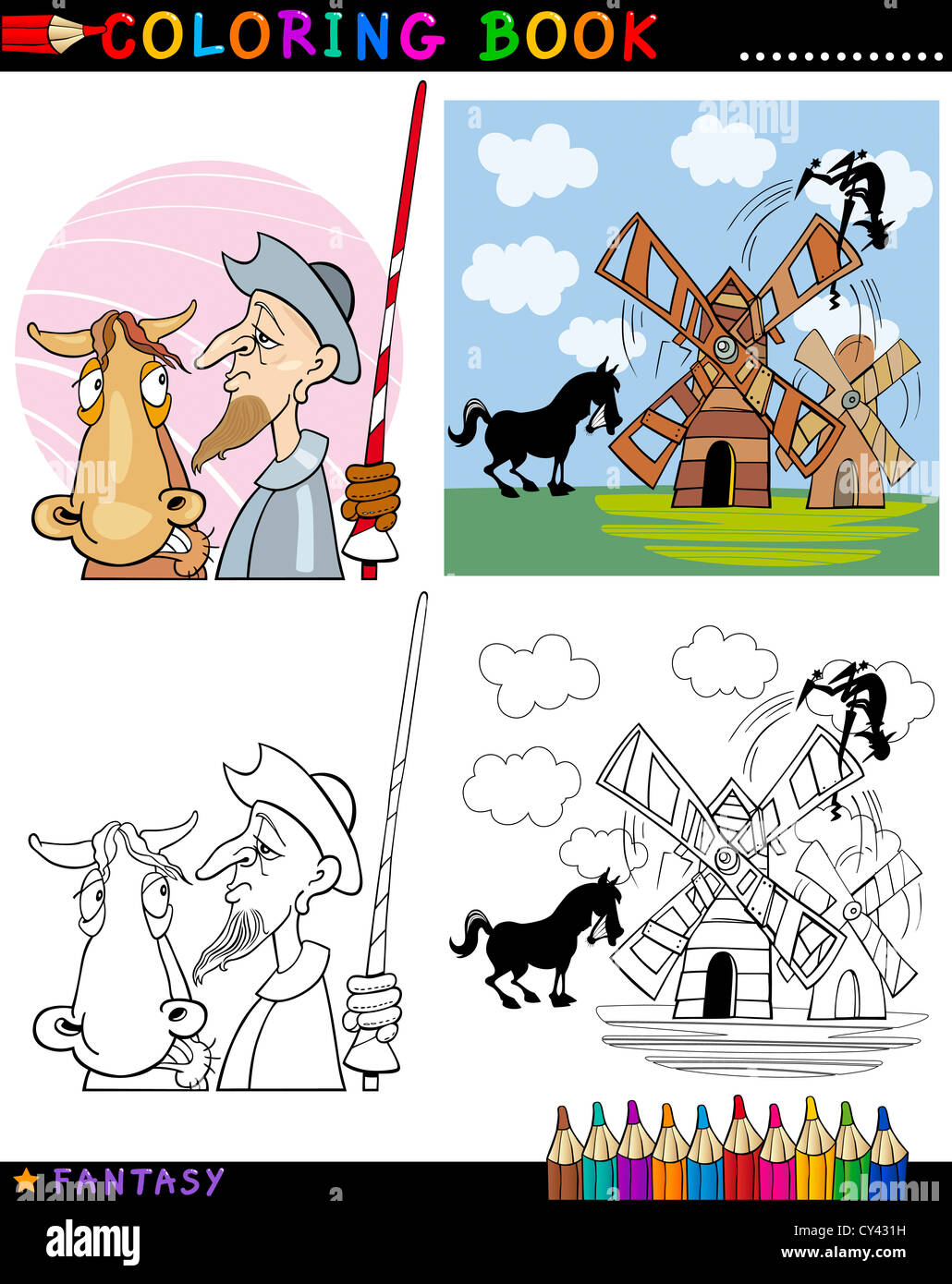 Coloring Book or Page Cartoon Illustration of Don Quixote and his Horse ...