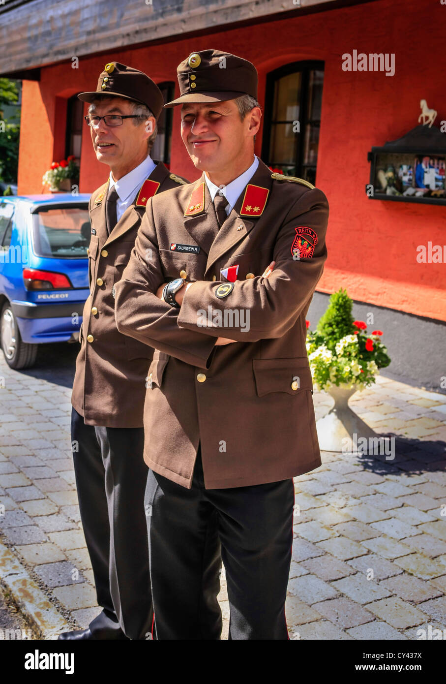 Austrian Firemen in the ceremonial uniforms in Reith bei Seefeld Stock ...