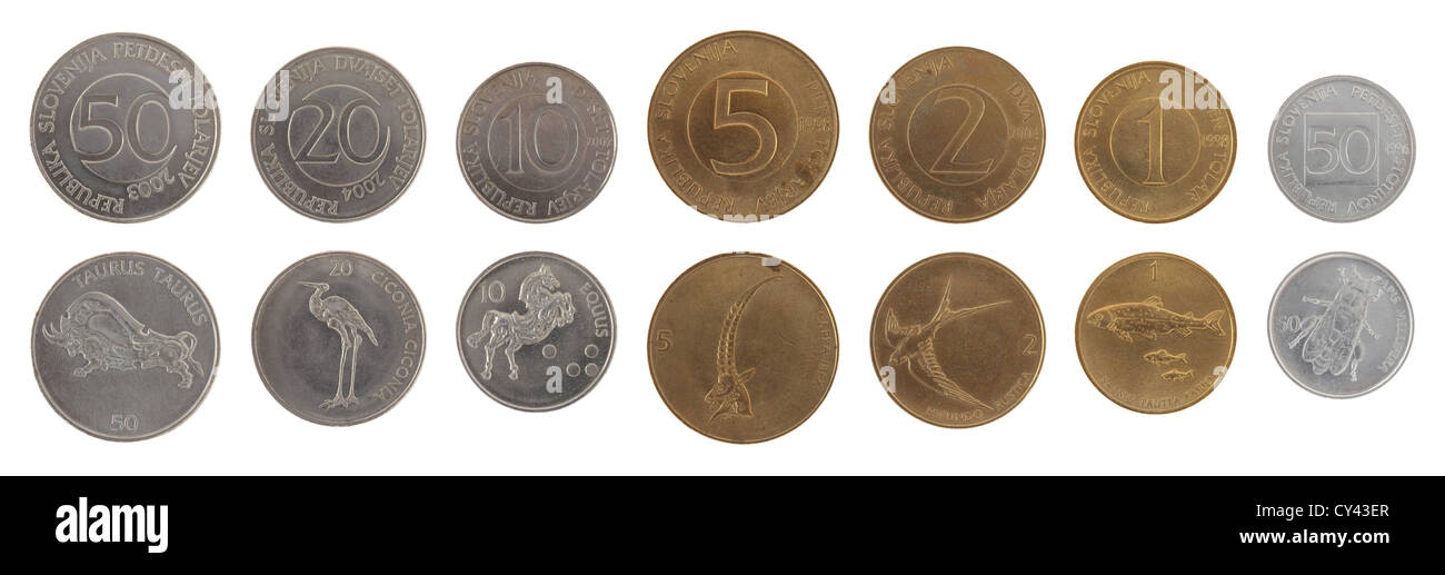 Old Slovenian tolar coins isolated on white Stock Photo - Alamy