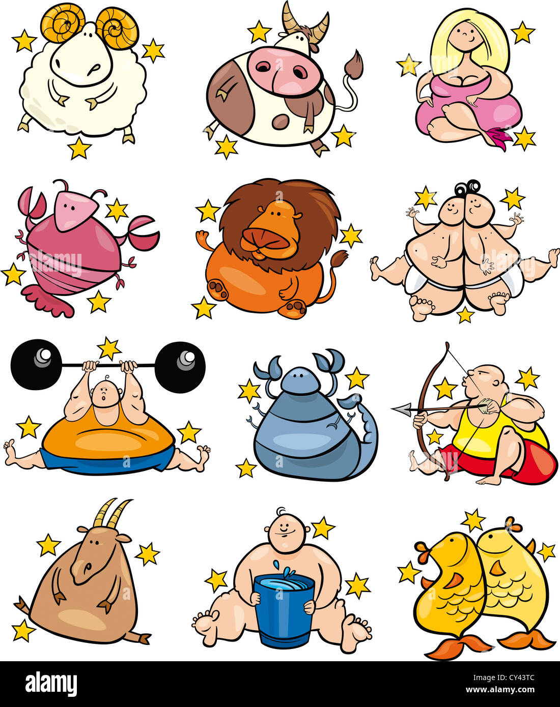 Illustration of overweight humorous cartoon zodiac horoscope signs set ...