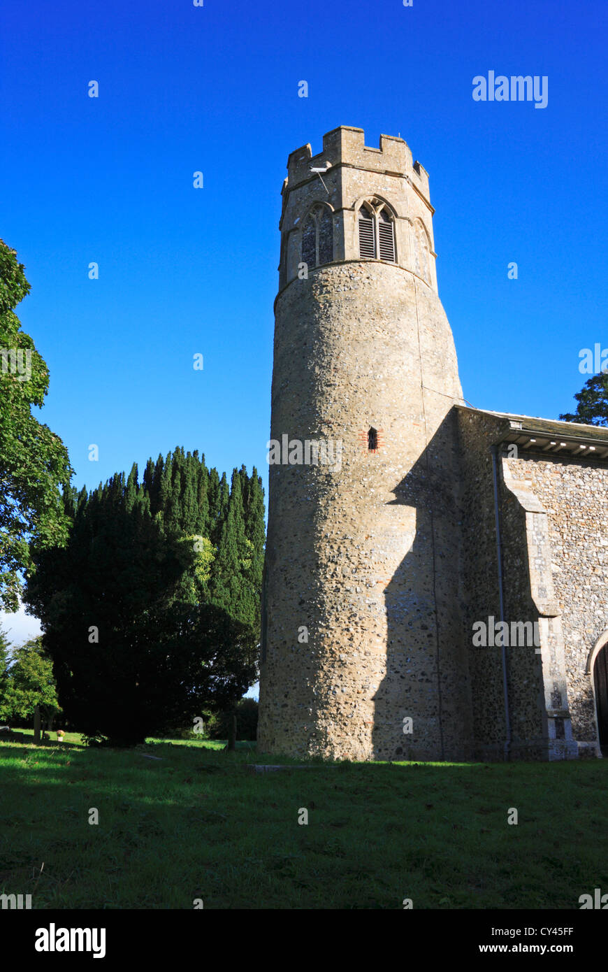 A view of the round tower of the church of St Mary the Virgin at ...