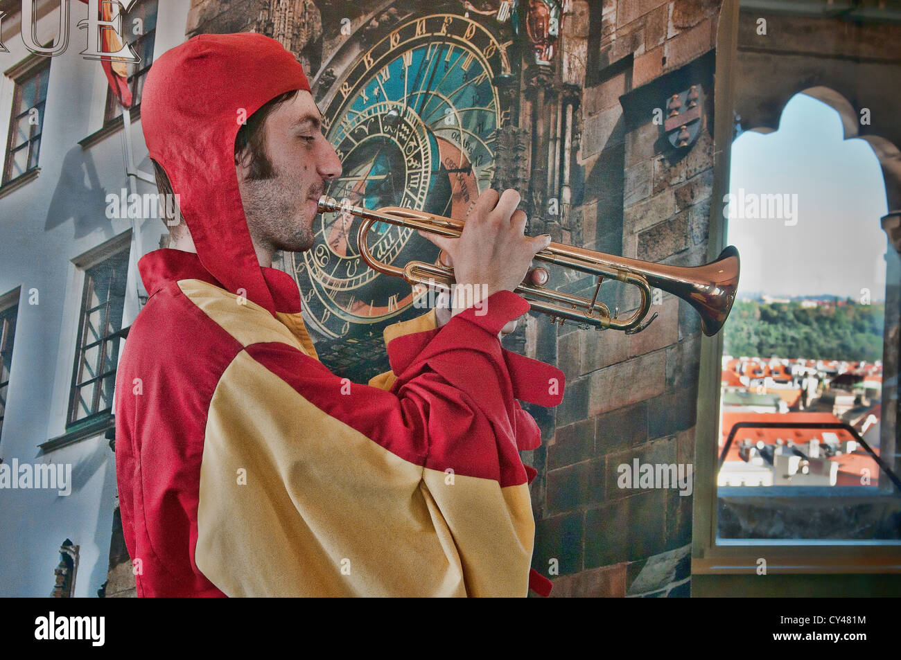 trumpet player at the Astronomical Clock in the Old Town Square, Prague ...