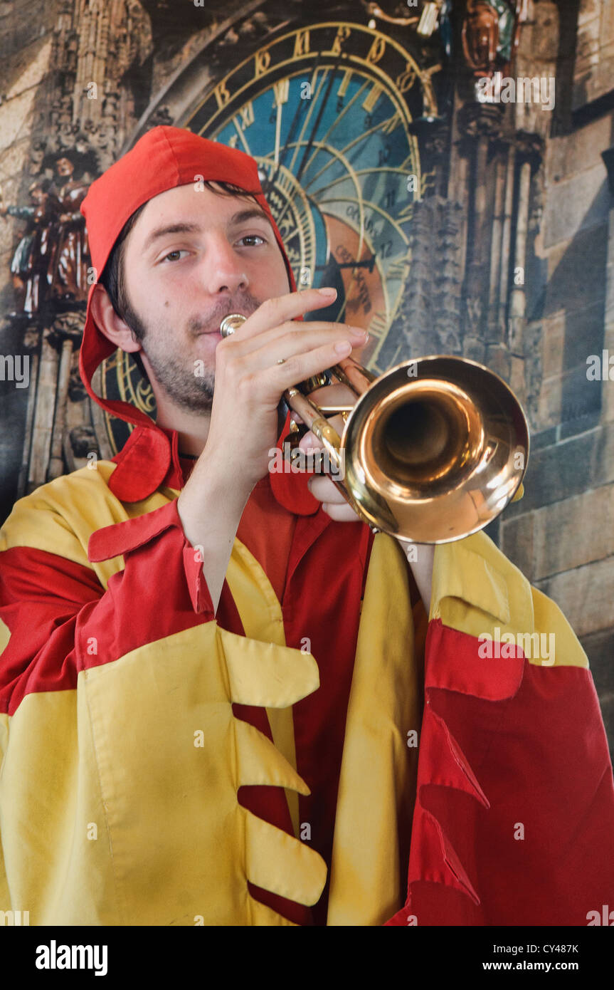 trumpet player at the Astronomical Clock in the Old Town Square, Prague ...