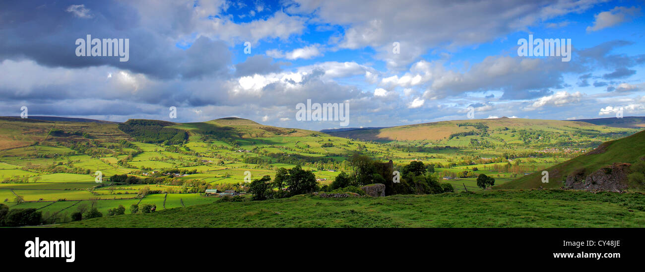 panoramic Hope Valley showing the Lose Hill ridge, Castleton village ...