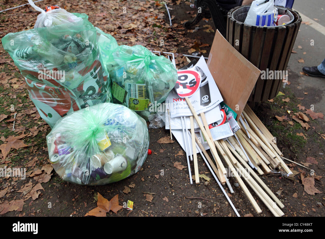 Bagged-up rubbish & placards. After the demon march rally, A Future ...