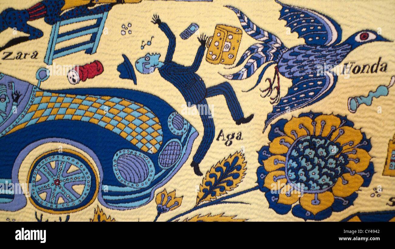Grayson Perry Walthamstow Tapestry detail of man being hit by a car ...