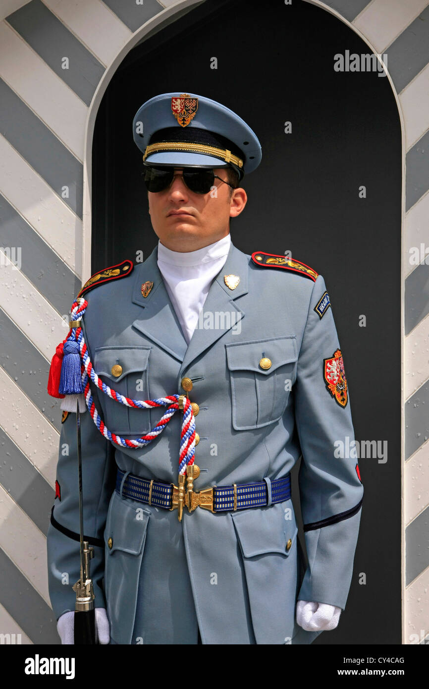 A member of the Czech Royal Guard on duty outside the Castle in Prague ...