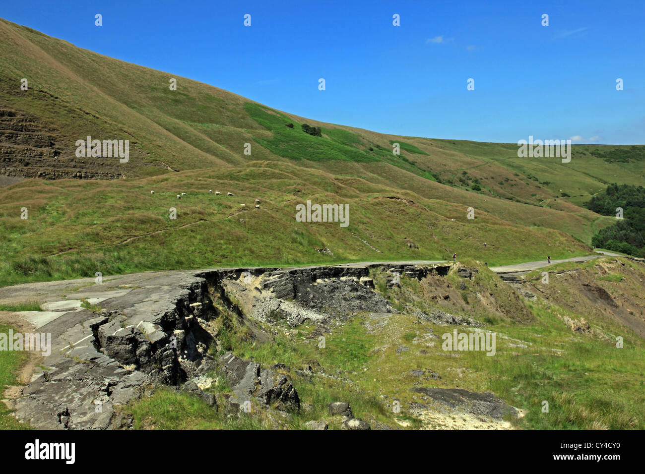 Road subsidence on Man Tor Mountain mountain roan in the Hope valley ...