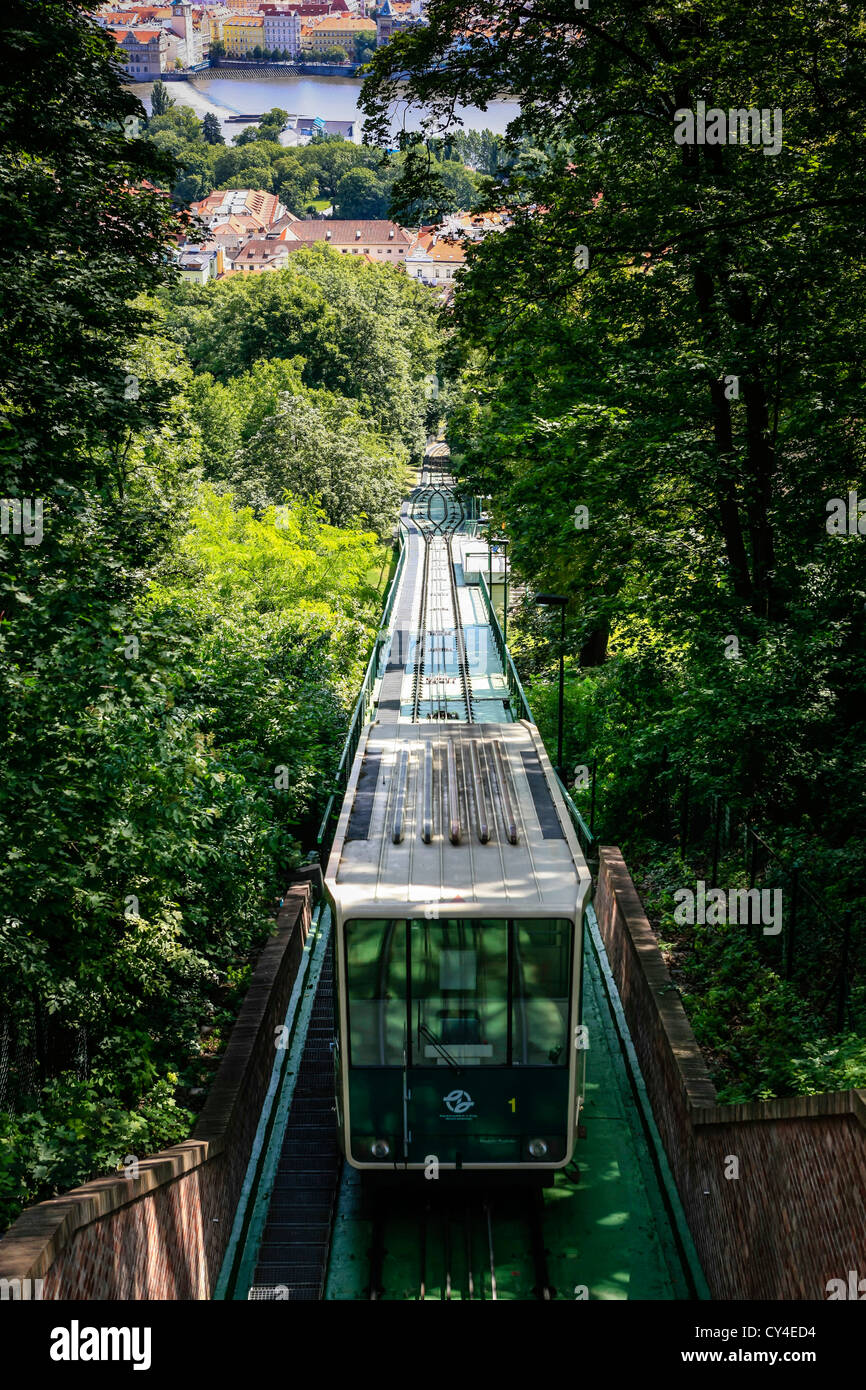 The Lanovkova Funicular railway rising up to Petrin Park in Prague ...