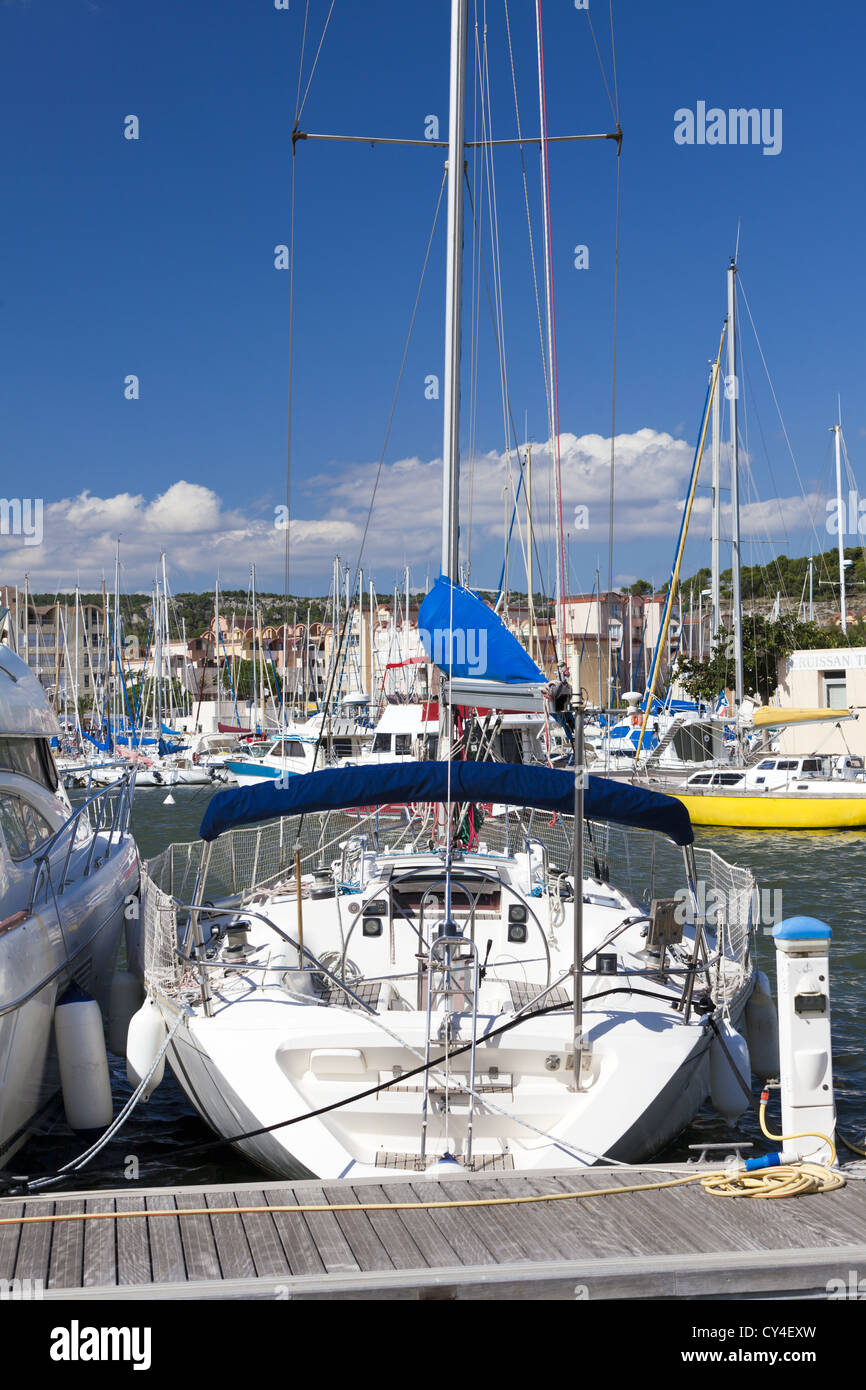 Rear view of a large sailing yacht in the Marina of Gruissan South ...