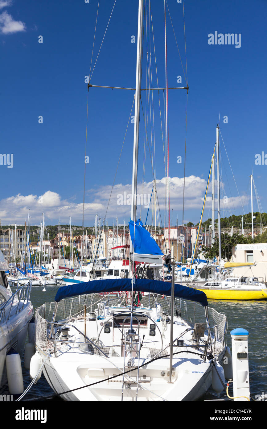 Rear view of a large sailing yacht in the Marina of Gruissan South ...