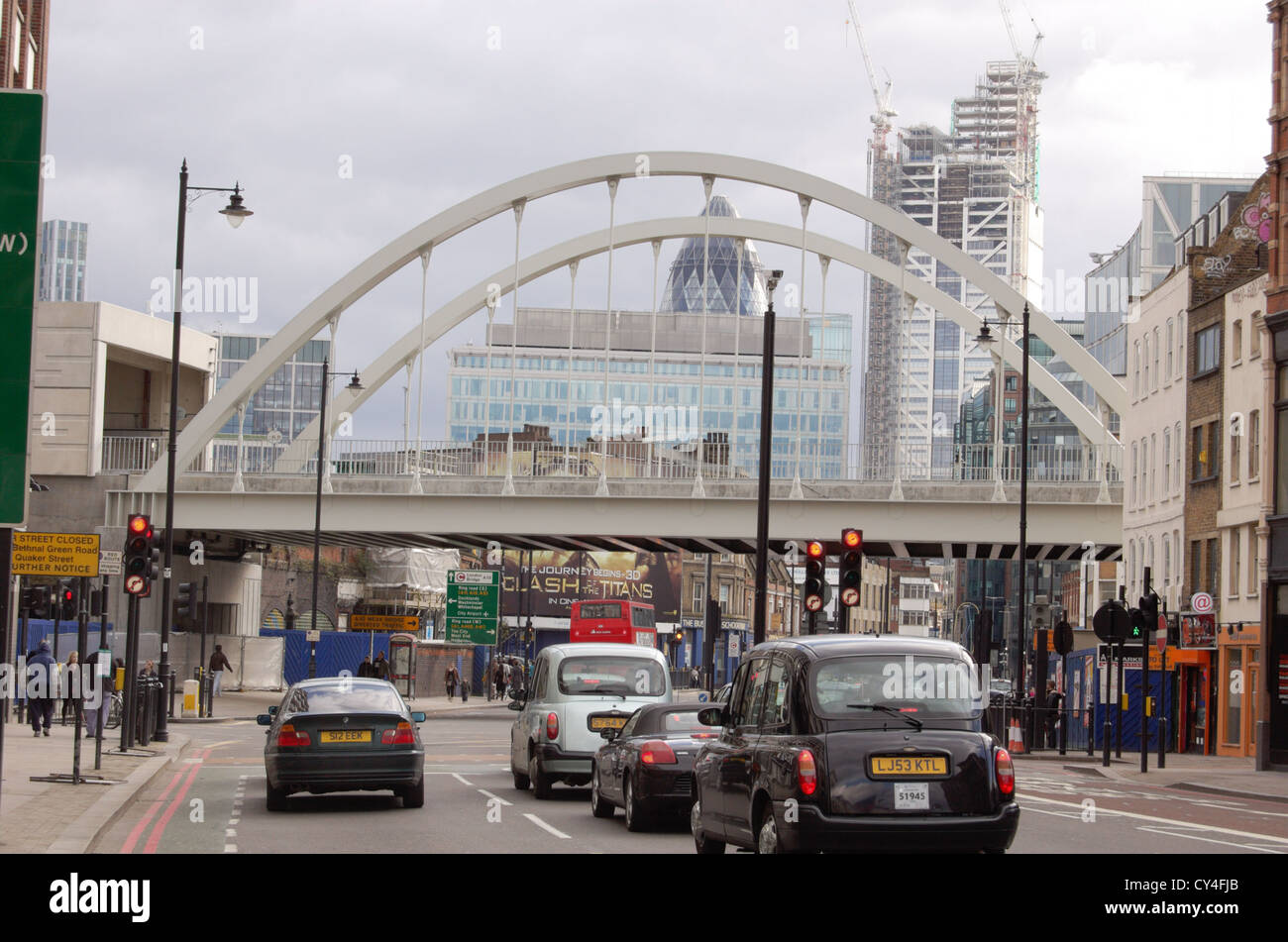 Arch rail bridge over Shoreditch High Street, London, England Stock ...