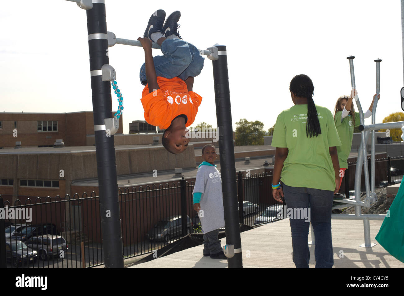 Children playing in a playground in a park in Newark New Jersey Stock ...