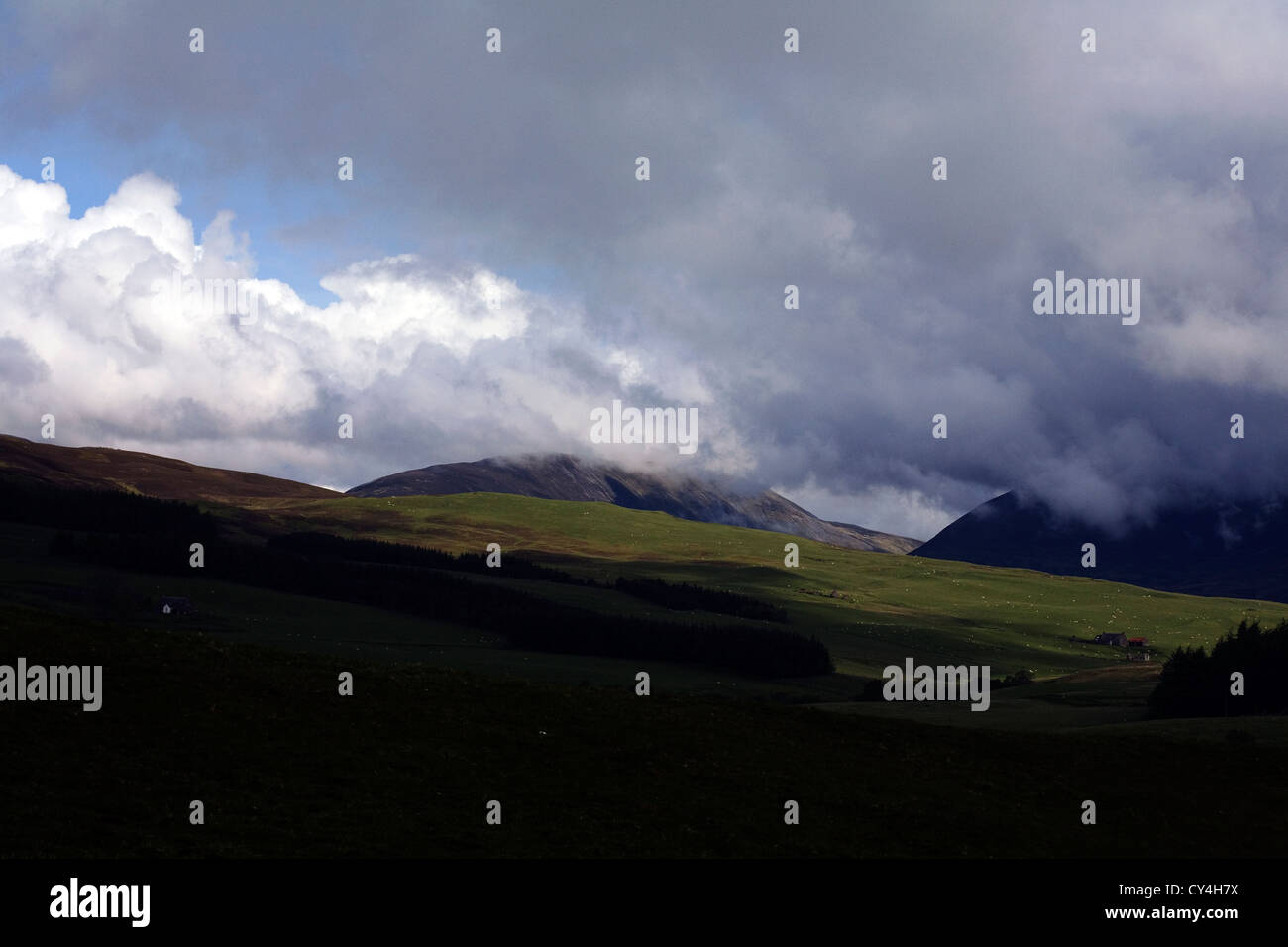 Storm clouds passing above Ben Vuirich Meall an Daimh and Ben Vrackie ...