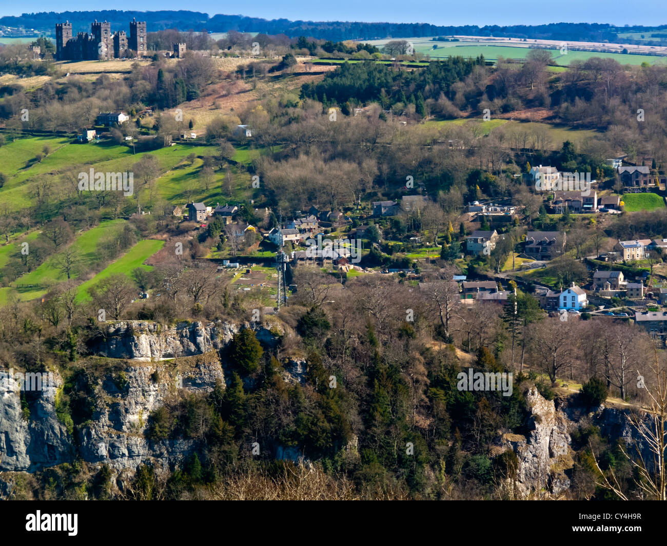 View across the River Derwent Gorge towards High Tor and Riber Castle ...