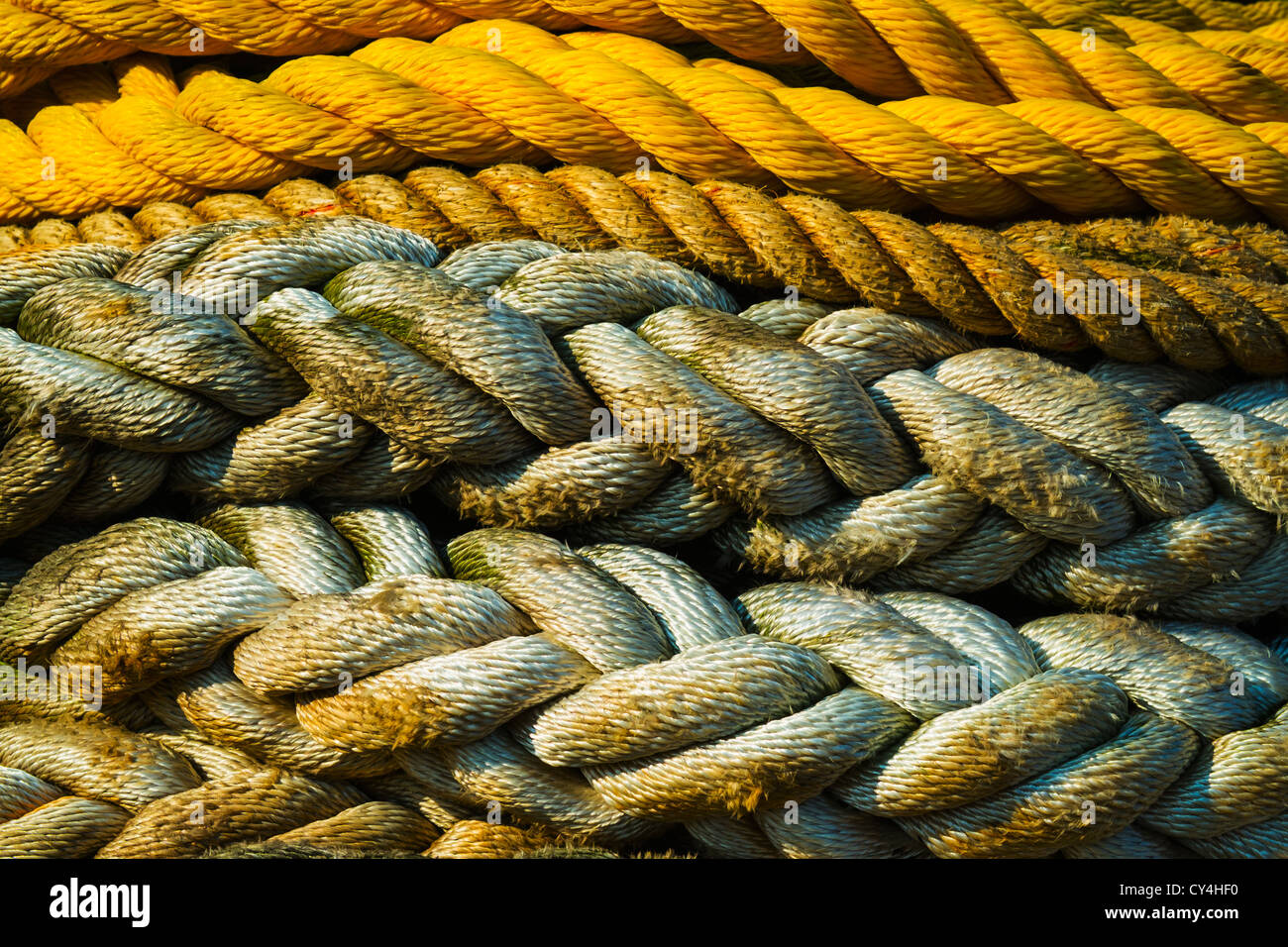 USA, New York State, New York City, Braided ropes in harbor, close-up ...