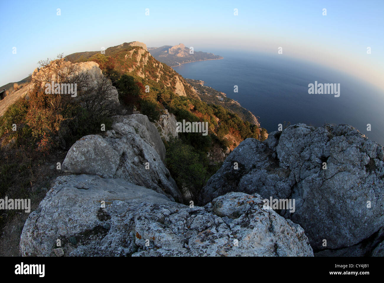 Fisheye view from the mountains to the Black Sea Crimea, Ukraine Stock ...