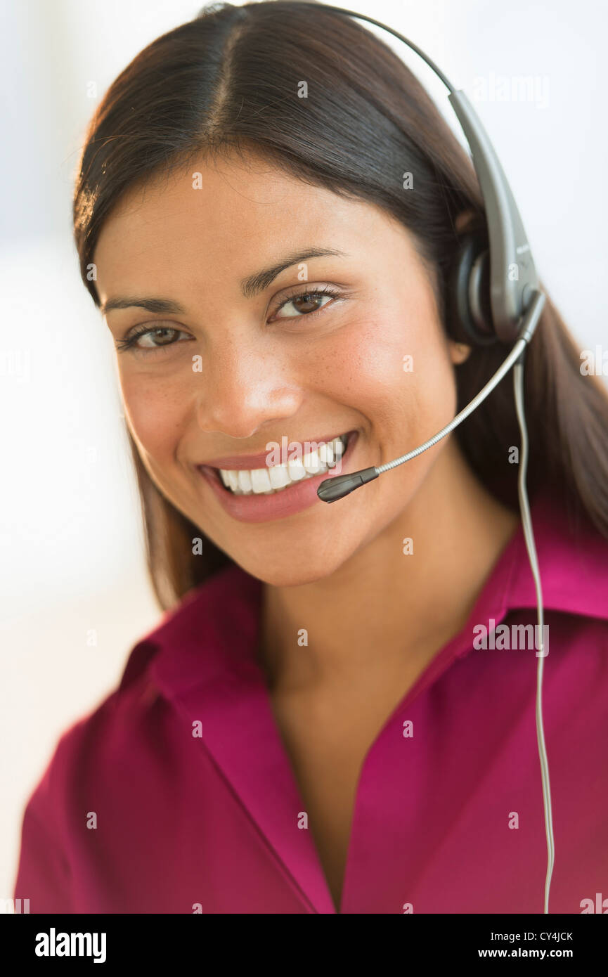 USA, New Jersey, Jersey City, Portrait of female telephone worker Stock ...