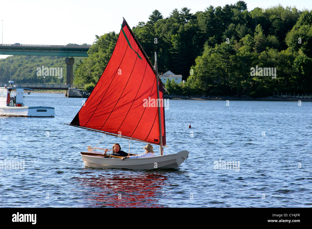 Maine Coast New England USA Belfast Harbor cruising boats at mooring ...