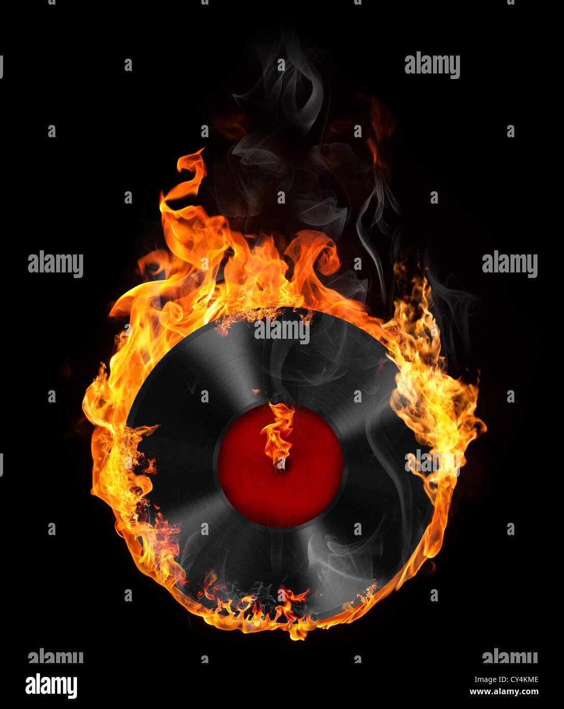 Illustration of vinyl record in fire on the black background Stock ...
