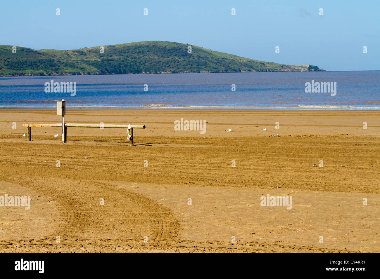 Brean Down peninsula photographed from the beach at Weston-super-Mare ...