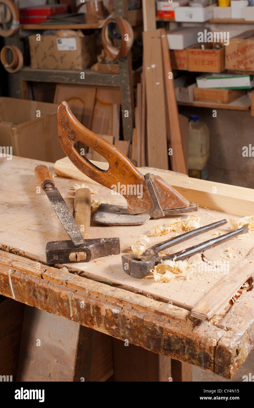 A work bench with old carpentry tools Stock Photo - Alamy