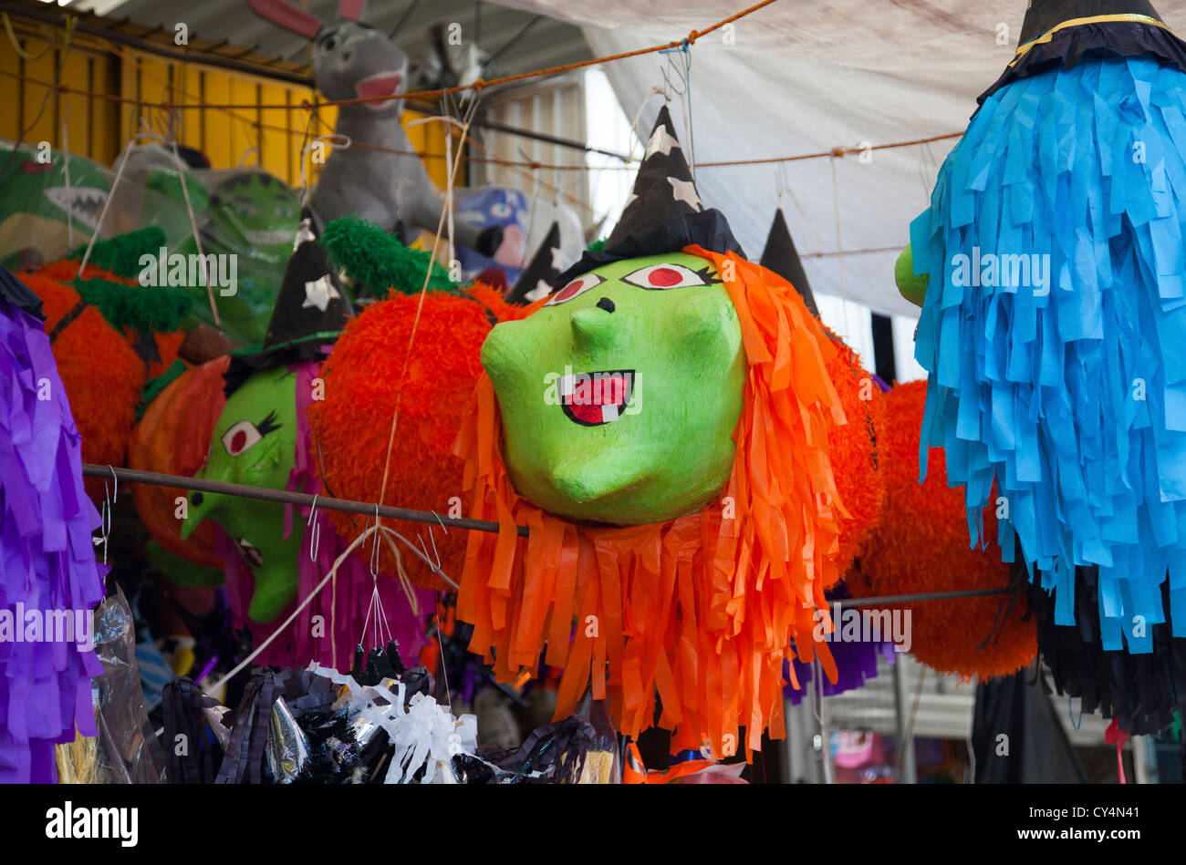 Piñatas for sale on stall at Jamaica Market in Colonia Jamaica in ...