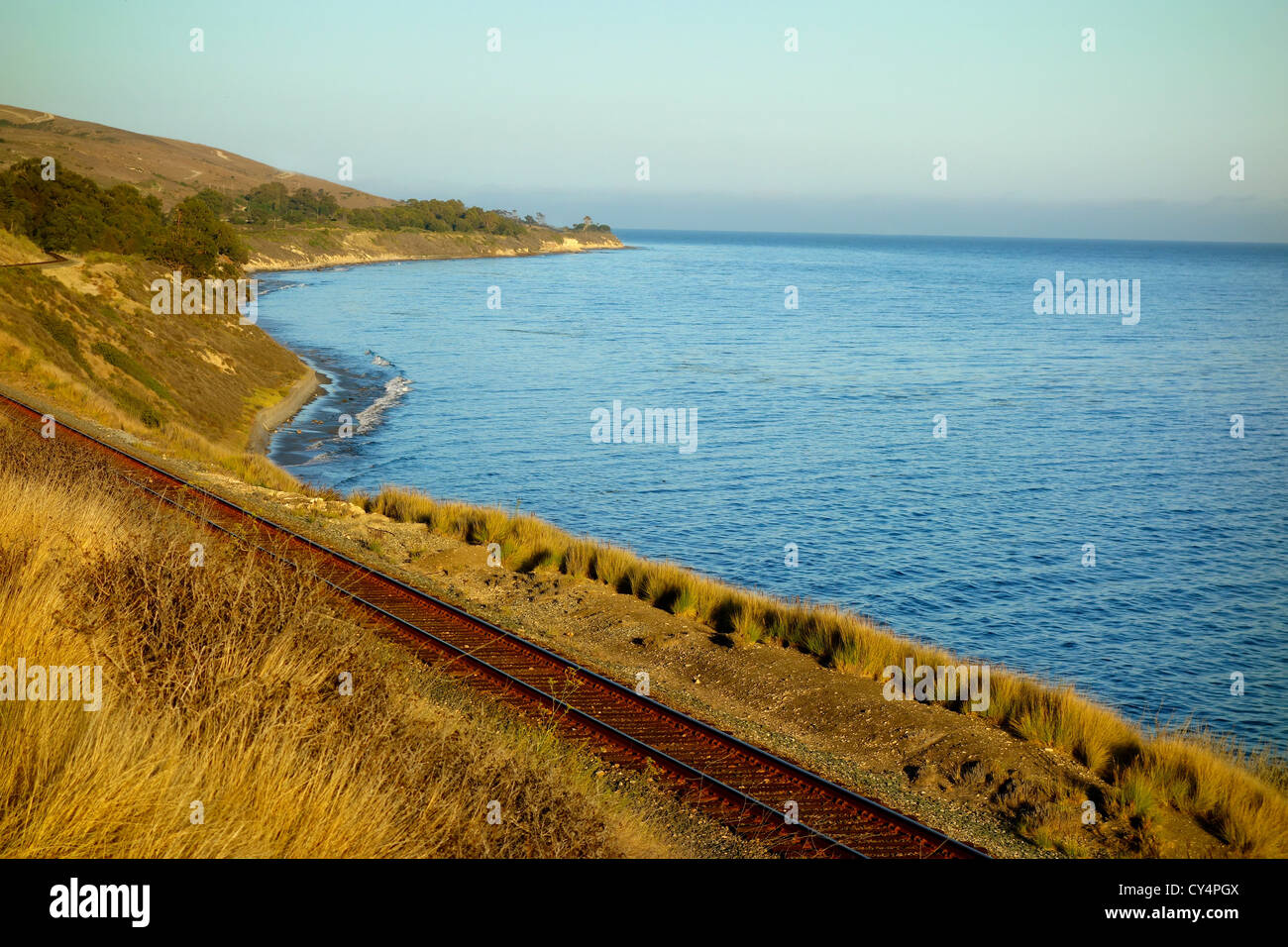 Amtrak train tracks along the ocean at Hollister Ranch on the Gaviota ...