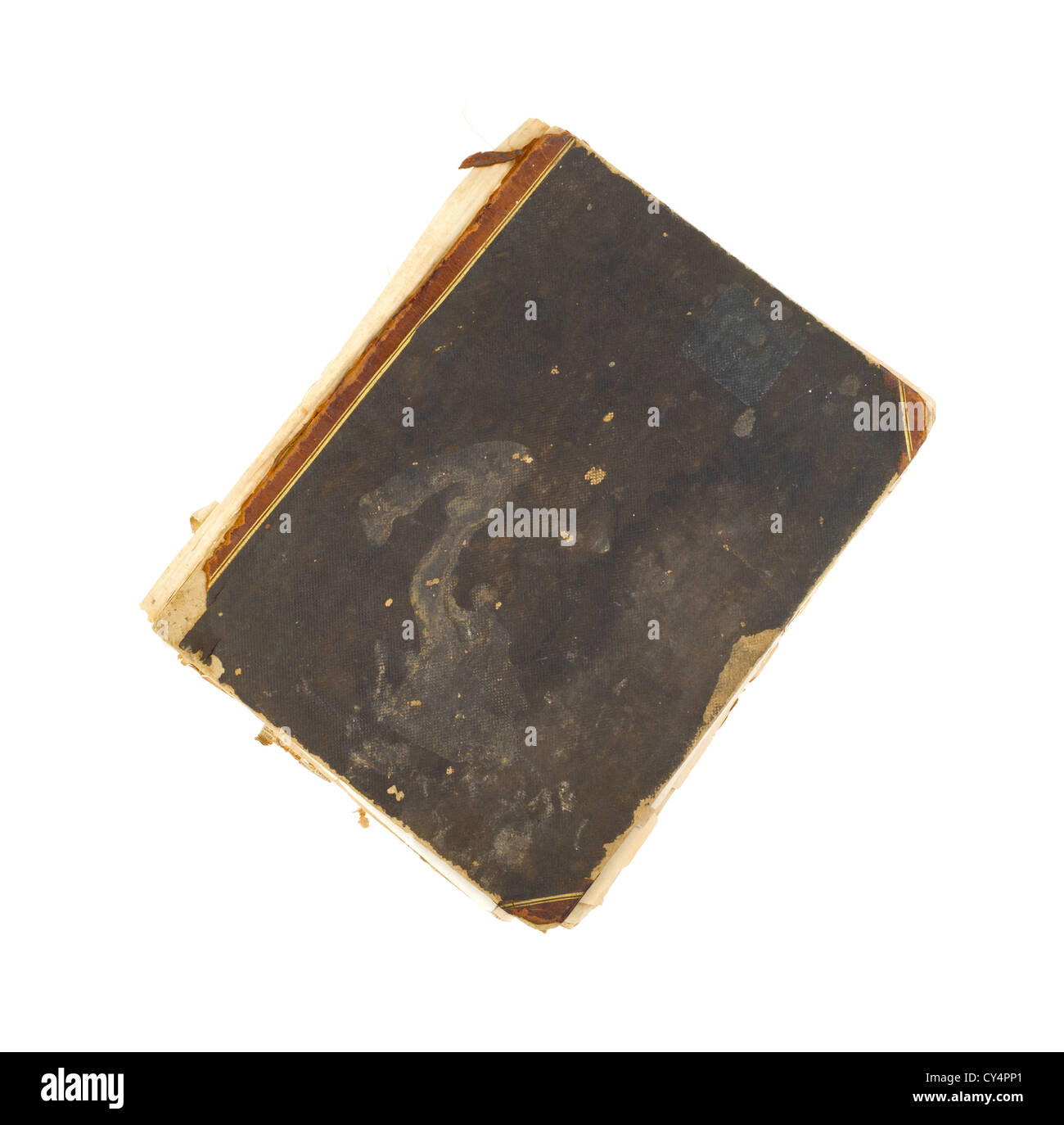 An antique scrapbook with a stained and torn cover and yellowed pages ...