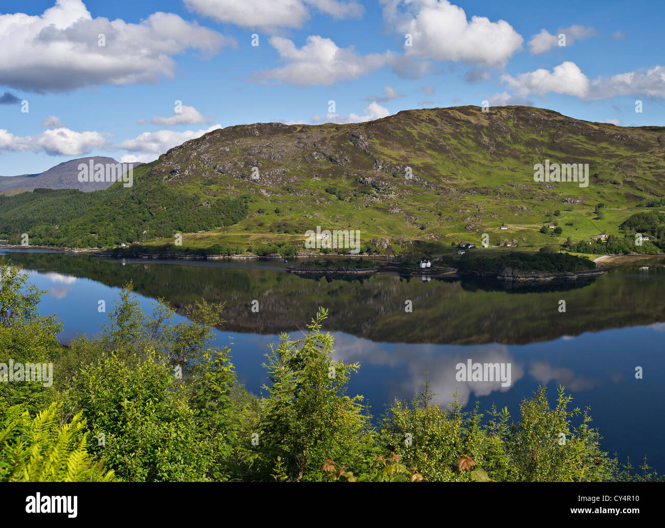 Perfect reflection of hills and landscape in calm water at Kylestrome ...