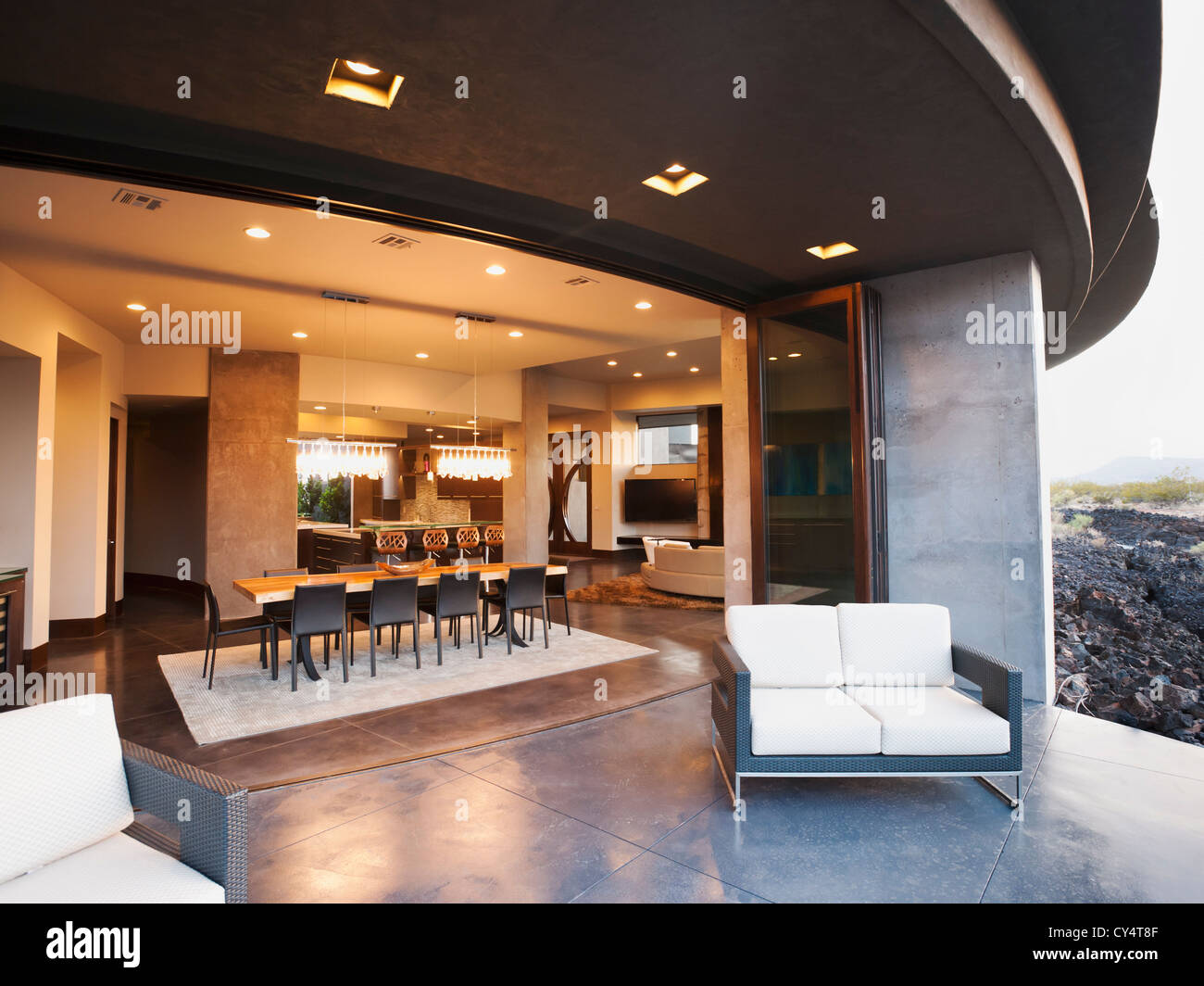 USA, Utah, St. George, Modern living room facing terrace Stock Photo ...