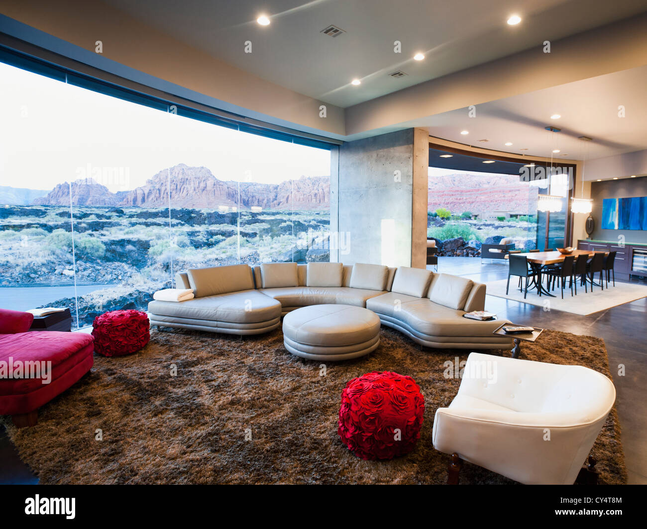 USA, Utah, St. George, Modern living room interior facing terrace Stock ...