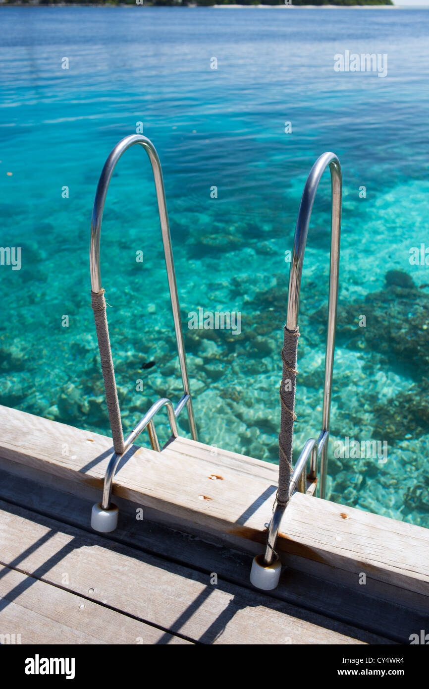 A ladder on a pier giving access to swimmers and snorkelers to explore ...