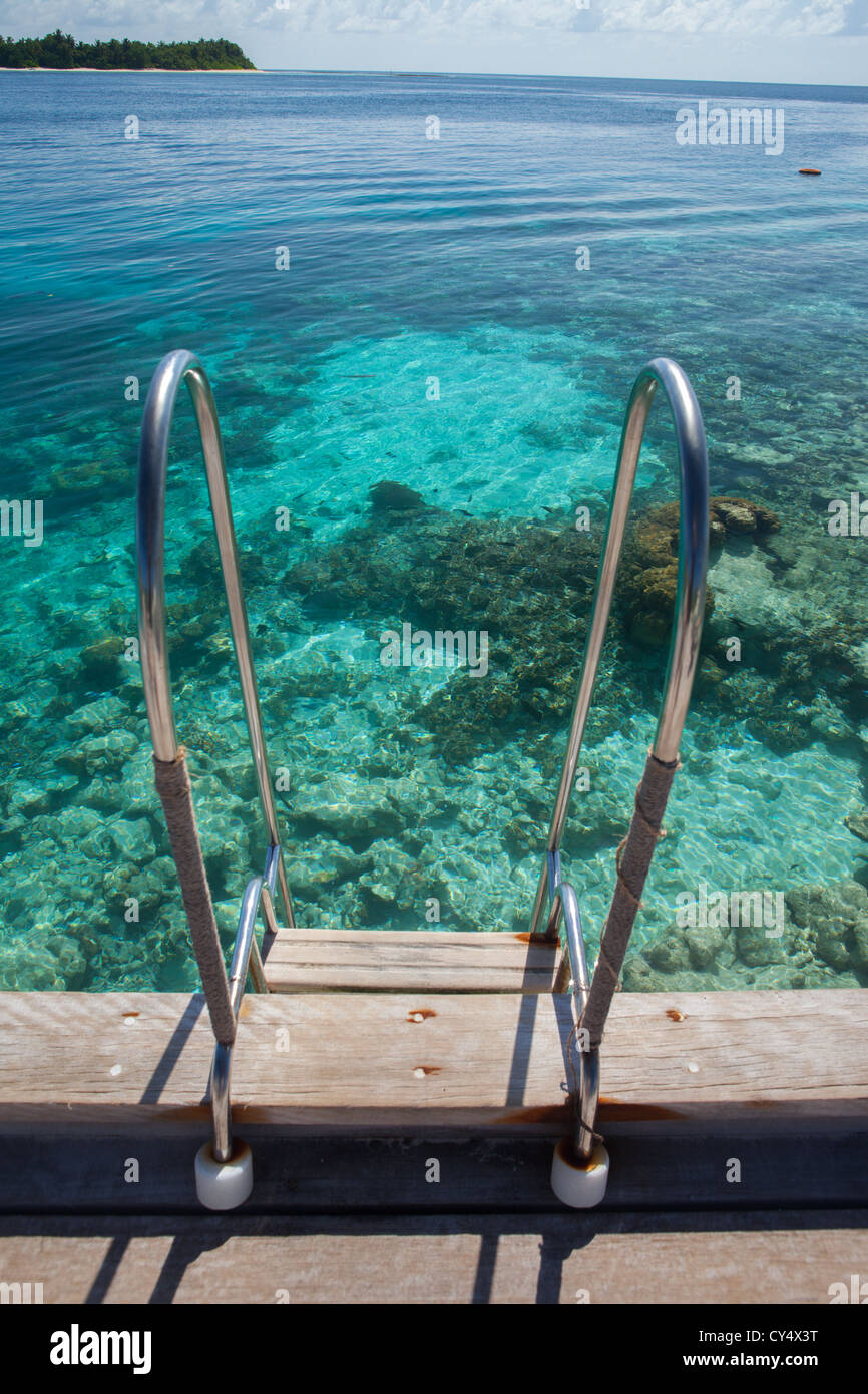 A ladder on a pier giving access to swimmers and snorkelers to explore ...
