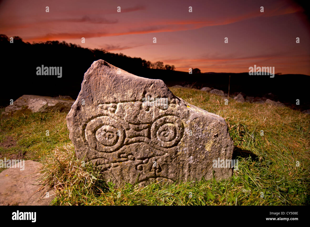 The ancient Congash Pictish Symbol Stone at sunset, Grantown on Spey ...