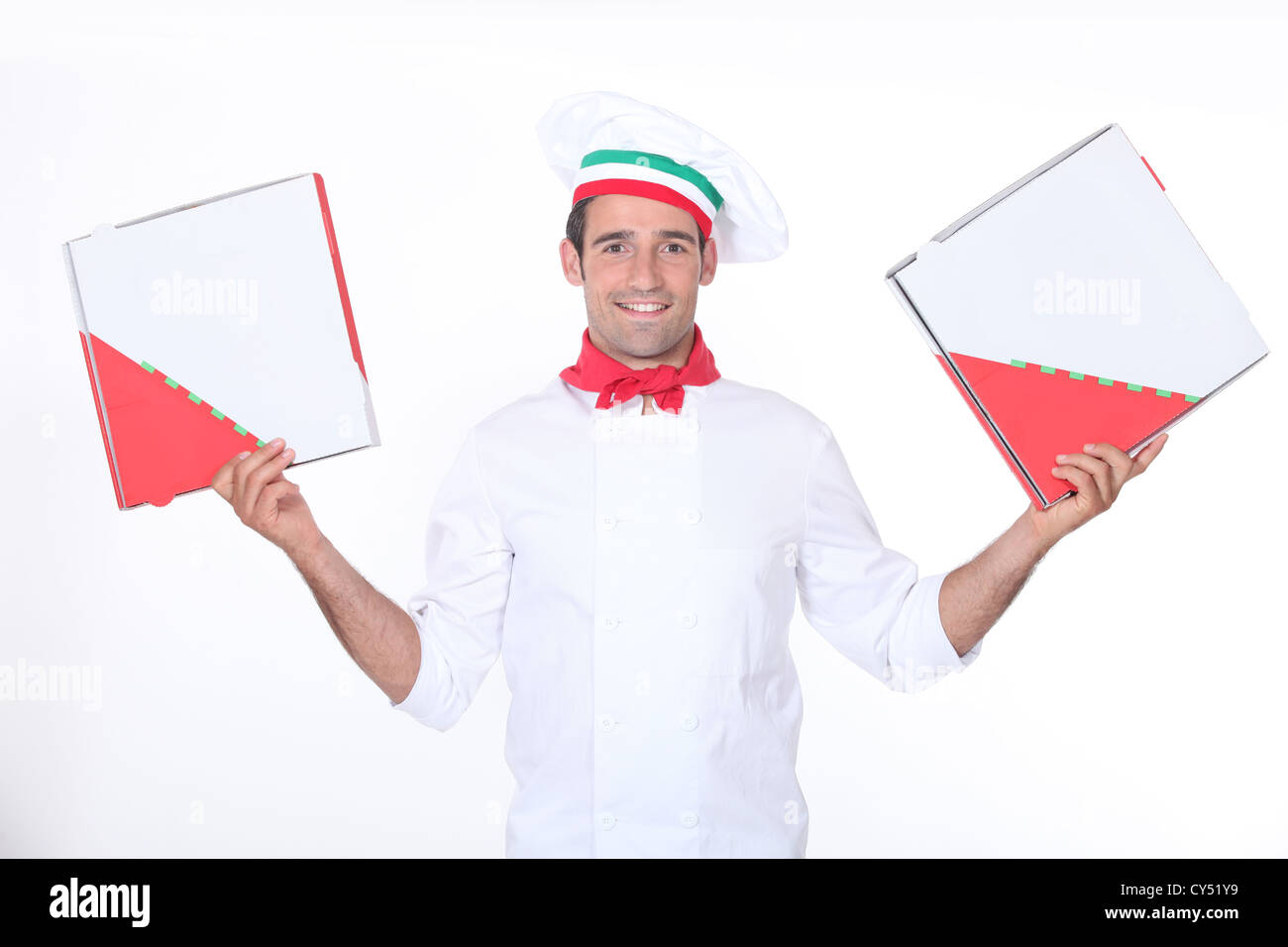 Chef man holding two pizza hi-res stock photography and images - Alamy