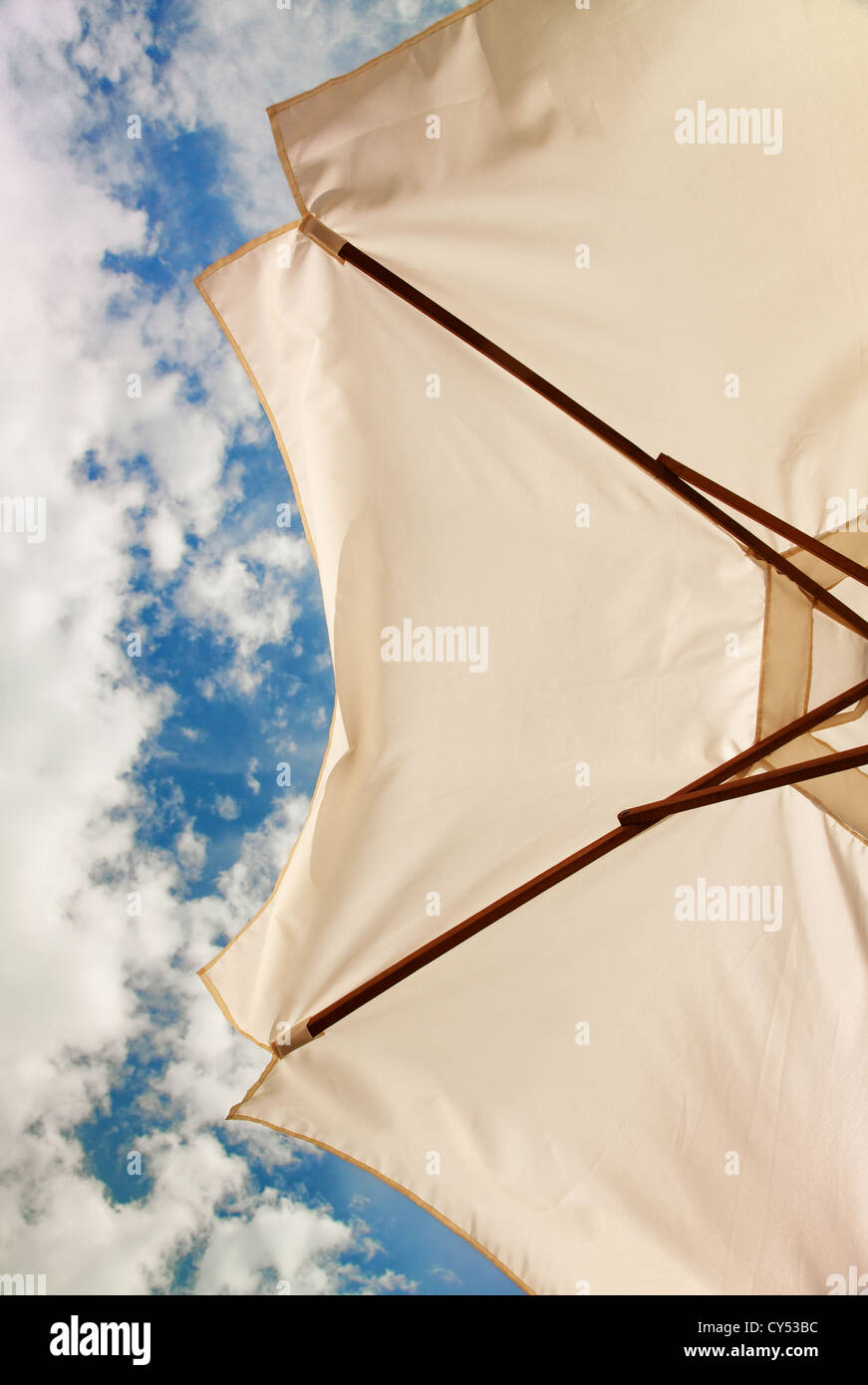 Relaxing on the beach - low angle view of white beach umbrella Stock ...