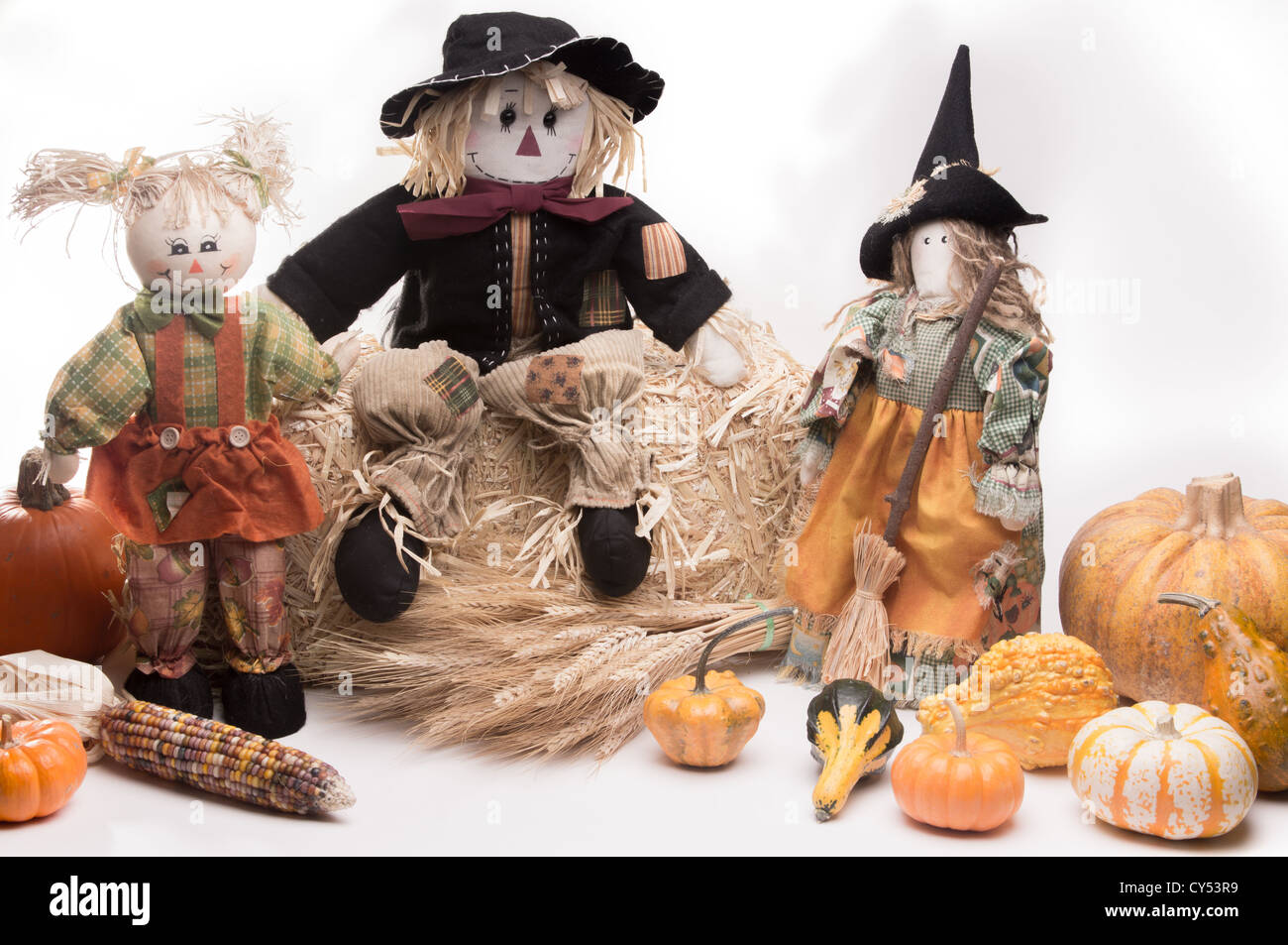 Scarecrow family on haystack with pumpkins, Indian corn, wheat stalks ...